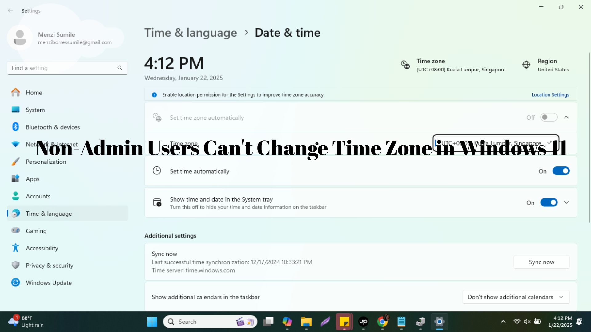 Non-Admin Users Can't Change Time Zone in Windows 11